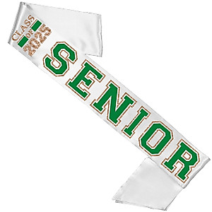 Graduation 2025 Sash - Green with Gold Outline Class of 2025 Senior Premium Grade Satin Sash - Senior Night Supplies and Gifts - White Sash(ClsOf25 GLD/Grn) Wht