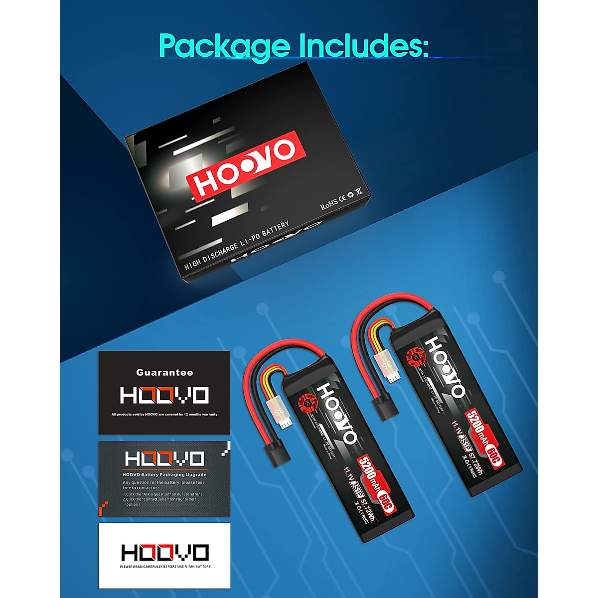 HOOVO 11.1V 3S LiPo Battery 5200mAh 60C with Tr Plug for RC Car RC Truck Airplane Helicopter Boat Car Racing RC Hobby, 2 Packs