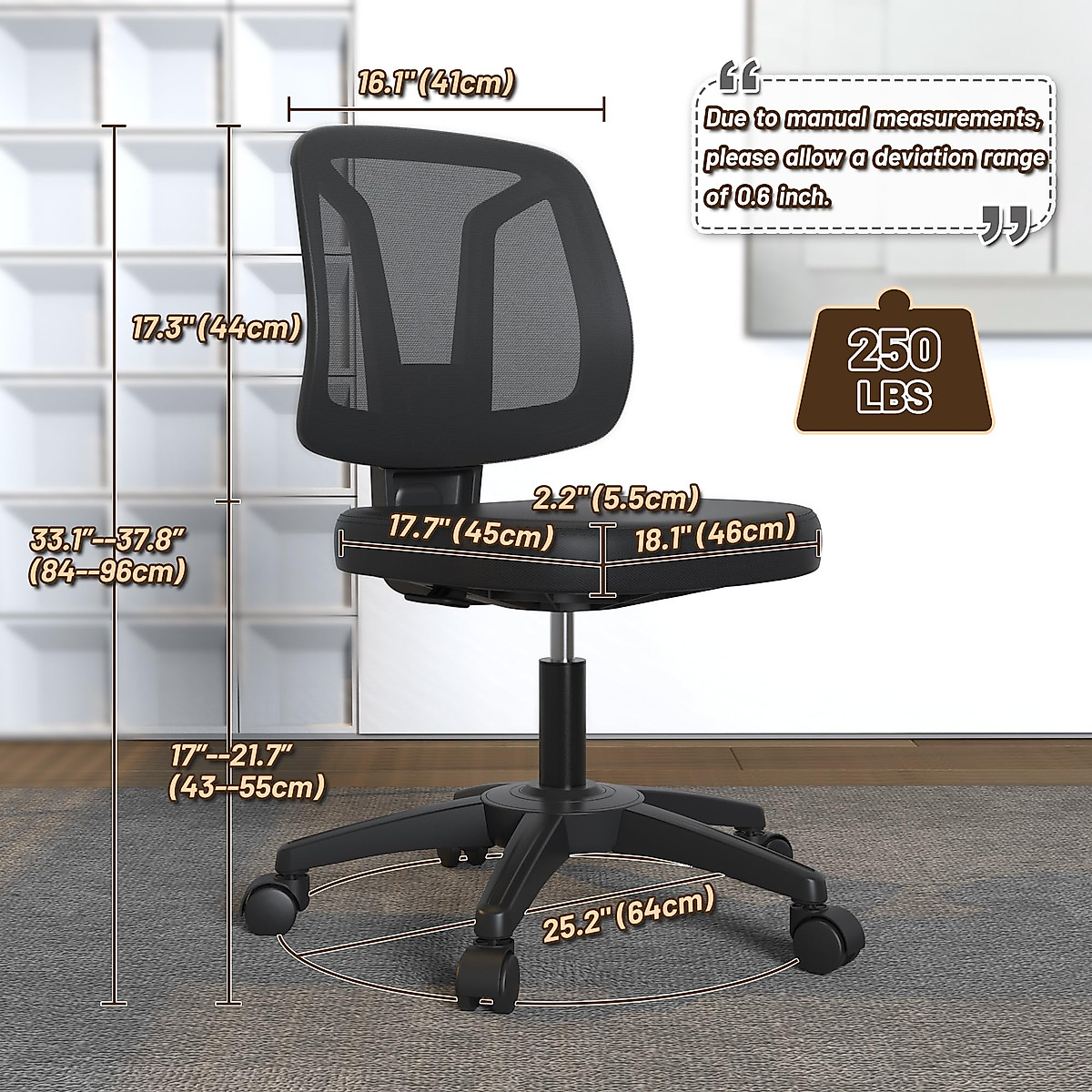 TTD TIANTIANDA Armless Swivel Mesh Computer Office Desk Chair Height Adjustable with Lumber Support for Small Spaces, Black