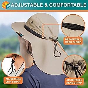 SUN CUBE Sun Hat for Men, Wide Brim Fishing Hat Neck Flap Cover Men Women, Hiking Safari, UV Sun Protection Summer Gardening Beach Camping UPF 50+, Tan