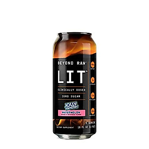 BEYOND RAW Lit On-The-Go | Ready to Drink Cans | Contains Caffeine, L-Citruline, and Beta-Alanine | Nitrix Oxide Preworkout Supplement | Jolly Rancher Watermelon | 12 Cans
