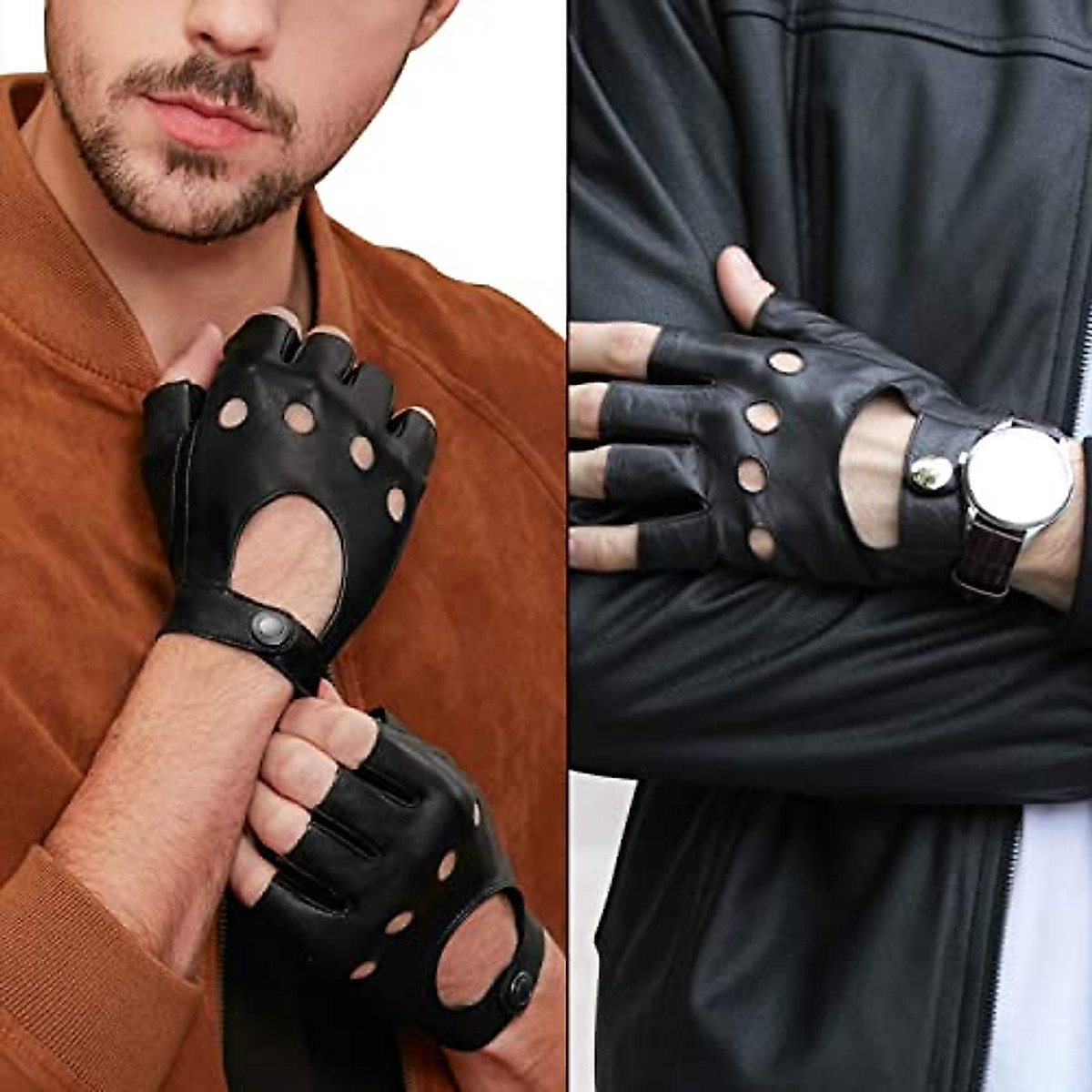 FLORVIV Black Fingerless Gloves PU Faux Leather Goth Cosplay Costume Punk Halloween Performance for Men