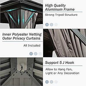 Domi Outdoor Living 12’ X 20’ Hardtop Gazebo Canopy with Netting & Curtains, Outdoor Aluminum Gazebo with Galvanized Steel Double Roof for Patio Lawn and Garden, Gray