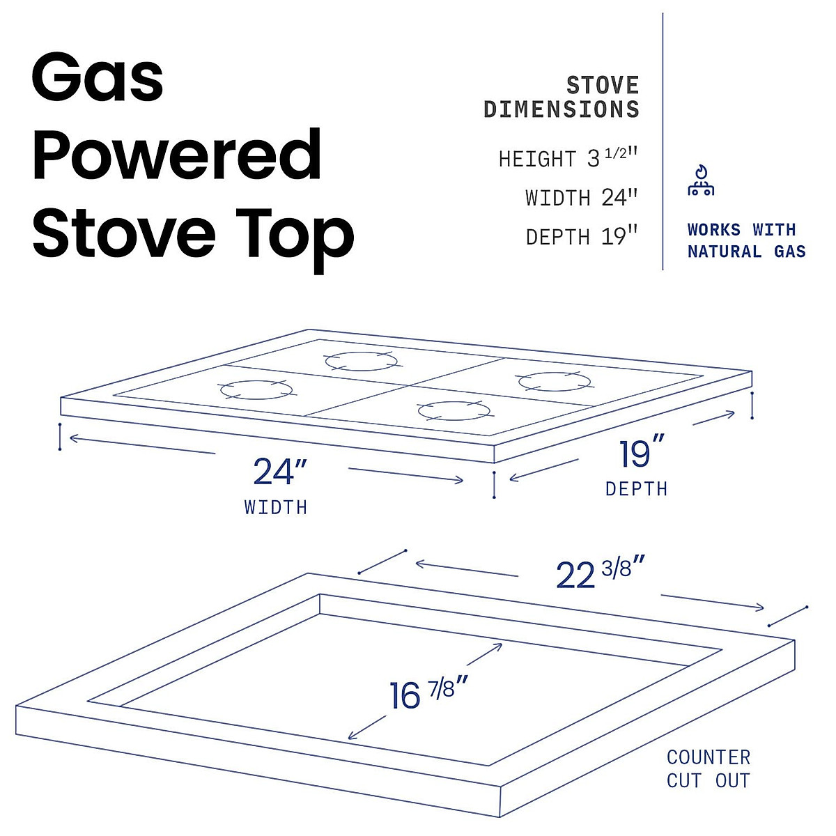 ABBA 24" Gas Cooktop with 4 Burners - Stainless-Steel Table Top with SABAF Aluminum Burners And Porcelain Surface, Home Improvement Essentials, Anti Spill & Easy to Clean, 24" x 3.5" x 19"