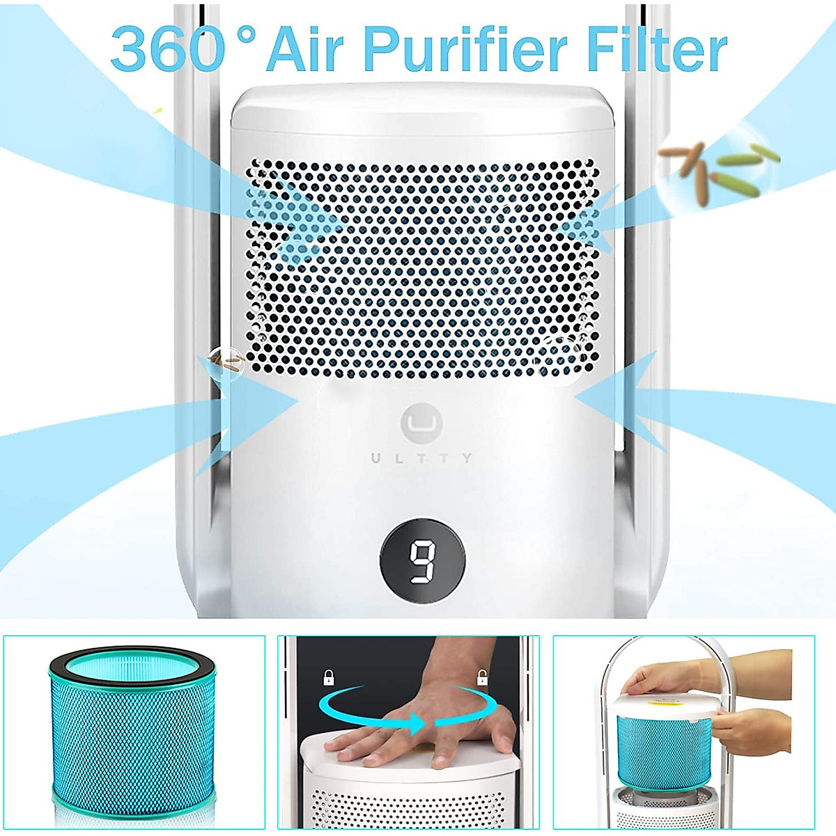 ULTTY Bladeless Tower Fan with Air Purifier, 90° Oscillating Tower Fan with HEPA Filter, Remote Control, Touch, 8H Timer, 9 Speeds, Powerful Floor Fan for Bedroom Room Home Office, CR021, White