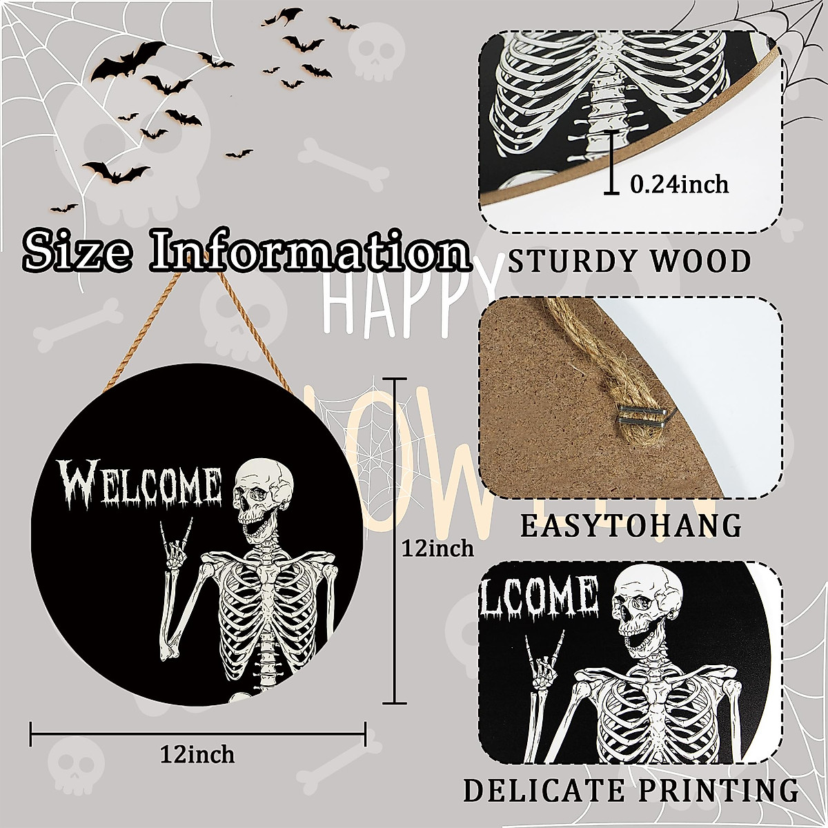 Halloween Decorations Wreath Halloween Skull Welcome Door Sign Front for Door Decoration, Rustic Wooden Holiday Decor for Front Door Porch Window Wall Farmhouse Indoor Outdoor