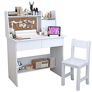 SFDOU Childrens Drawing Desk with Wooden Tabletop Paper Roll Dispenser, White Kids Desk and Chair Set for 5-12 Year Old, Kids Study Table with Drawers and Storage Shelf-Kps1zi
