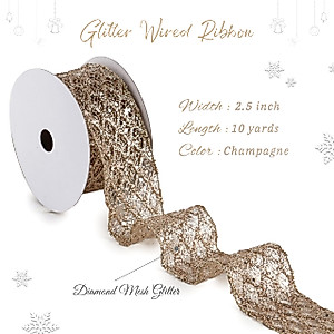 MAYREEL 2.5 Inch Champagne Wired Ribbon Glitter Pale Gold for Christmas Decorations Gift Wrapping Wreath Supplies Tree Toppers 10 Yards