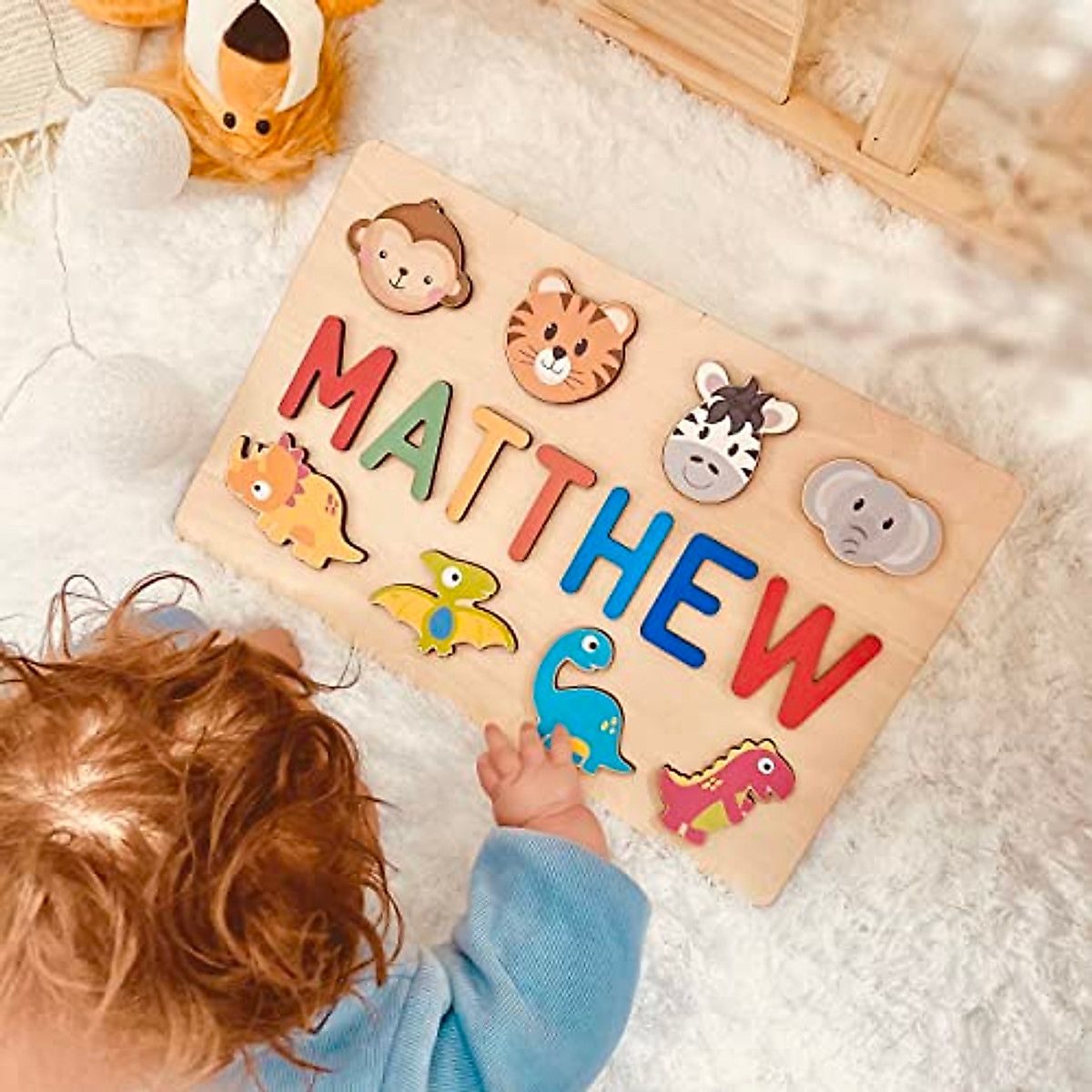 BeneCharm Personalized Name Puzzle for Kids 1st Birthday Gifts for Girls&Boys Engraved Text Greetings on Back Custom Wooden Name Signs with pegs Personalized Baby Gifts