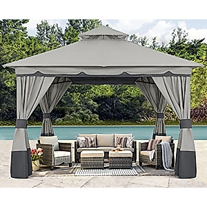 ABCCANOPY 10'x10' Outdoor Gazebo, Double Roof Patio Gazebo with Shade Curtains, Light Gray