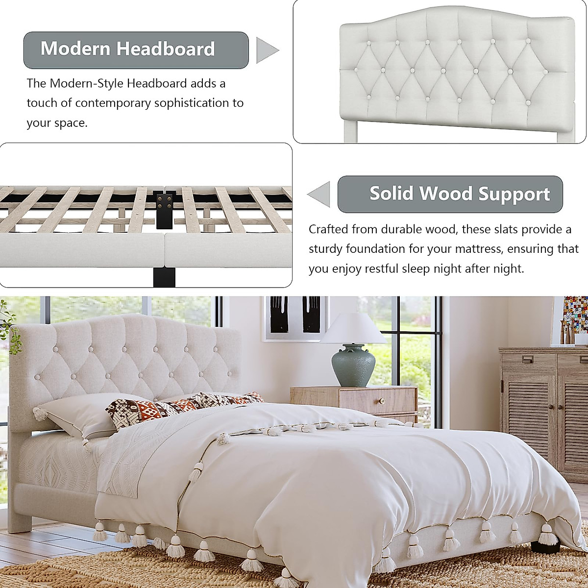 King Size Upholstered Platform Bed Frame with Saddle Curved Headboard and Diamond Tufted Details, Wooden Slats Support, No Box Spring Needed for Boys Girls Teens, Under Bed Storage (King)
