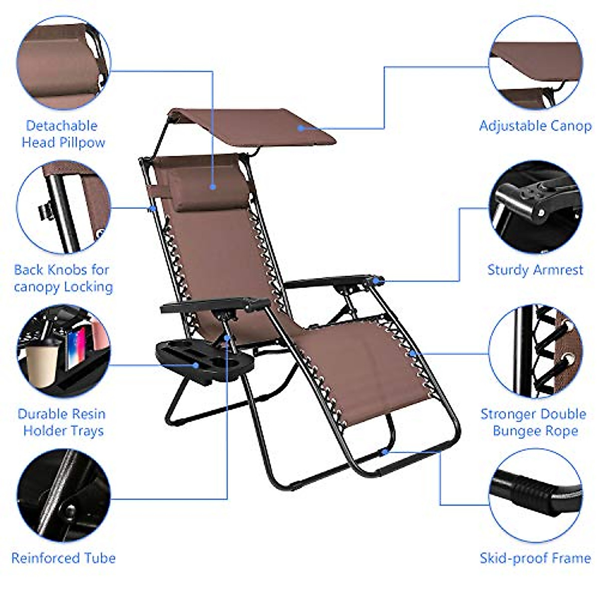 Zero Gravity Chairs Set of 2 Clearance with Sunshade Canopy and Cup Holder Tray Padded Adjustable Antigravity Lounge Folding Chair Patio Lounge Chair for Outdoor, Camping, Patio, Lawn, Brown