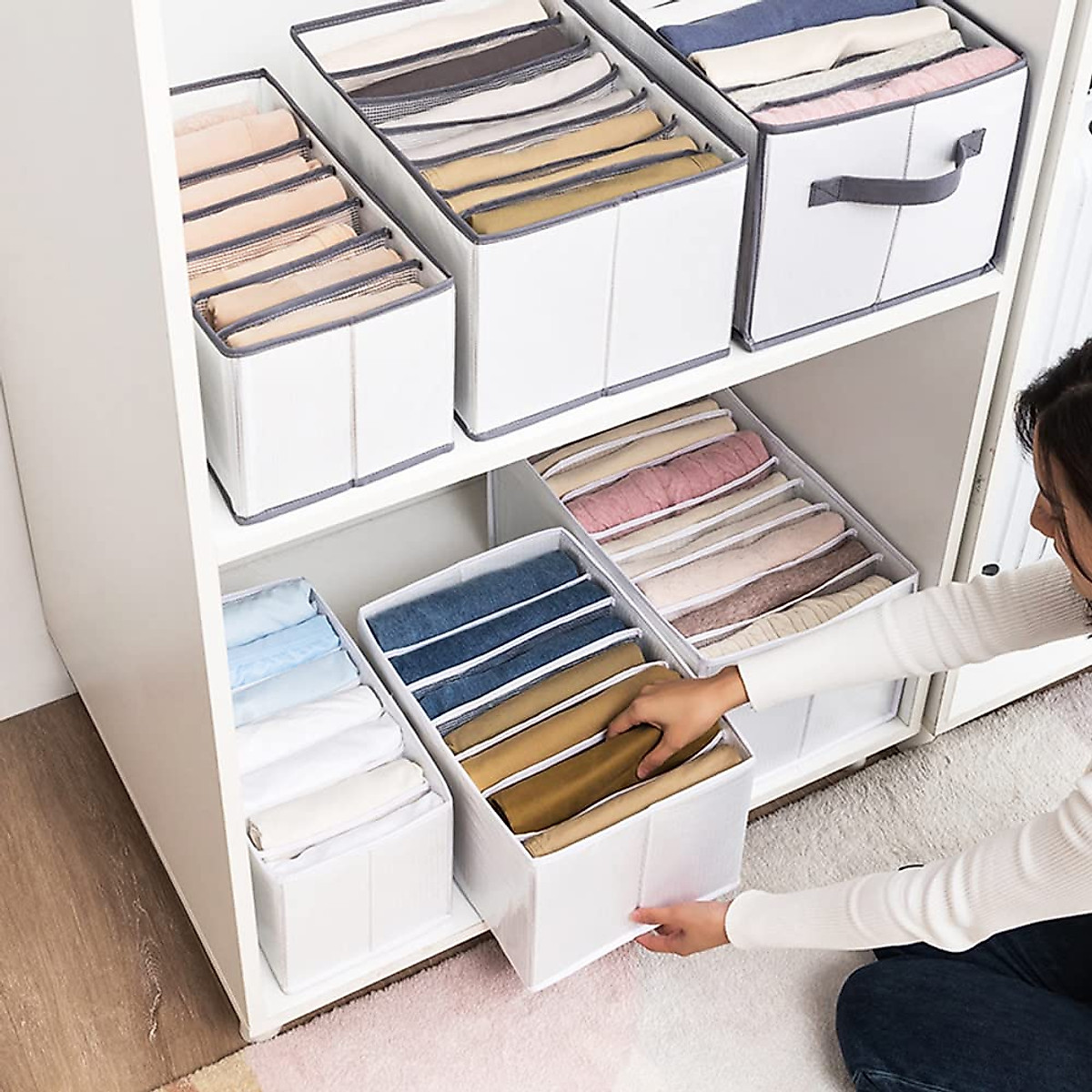 3 Set Cloth Drawer Organizer PVC Nylon Fabric Foldable Wardrobe Clothes Organizer Closet Compartment Dividers Clothes Collapsible Organization for T-shirt Jeans Pants (Gray)