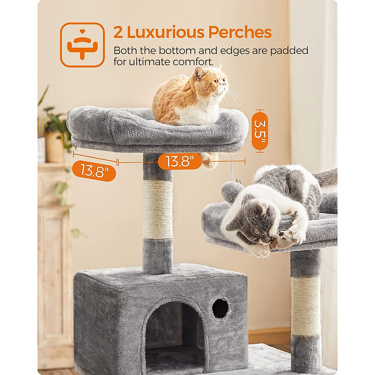 FEANDREA Cat Tree, Cat Tower for Indoor Cats, 56.3-Inch Cat Condo with Scratching Posts, Hammock, Plush Perch, Light Gray UPCT15W