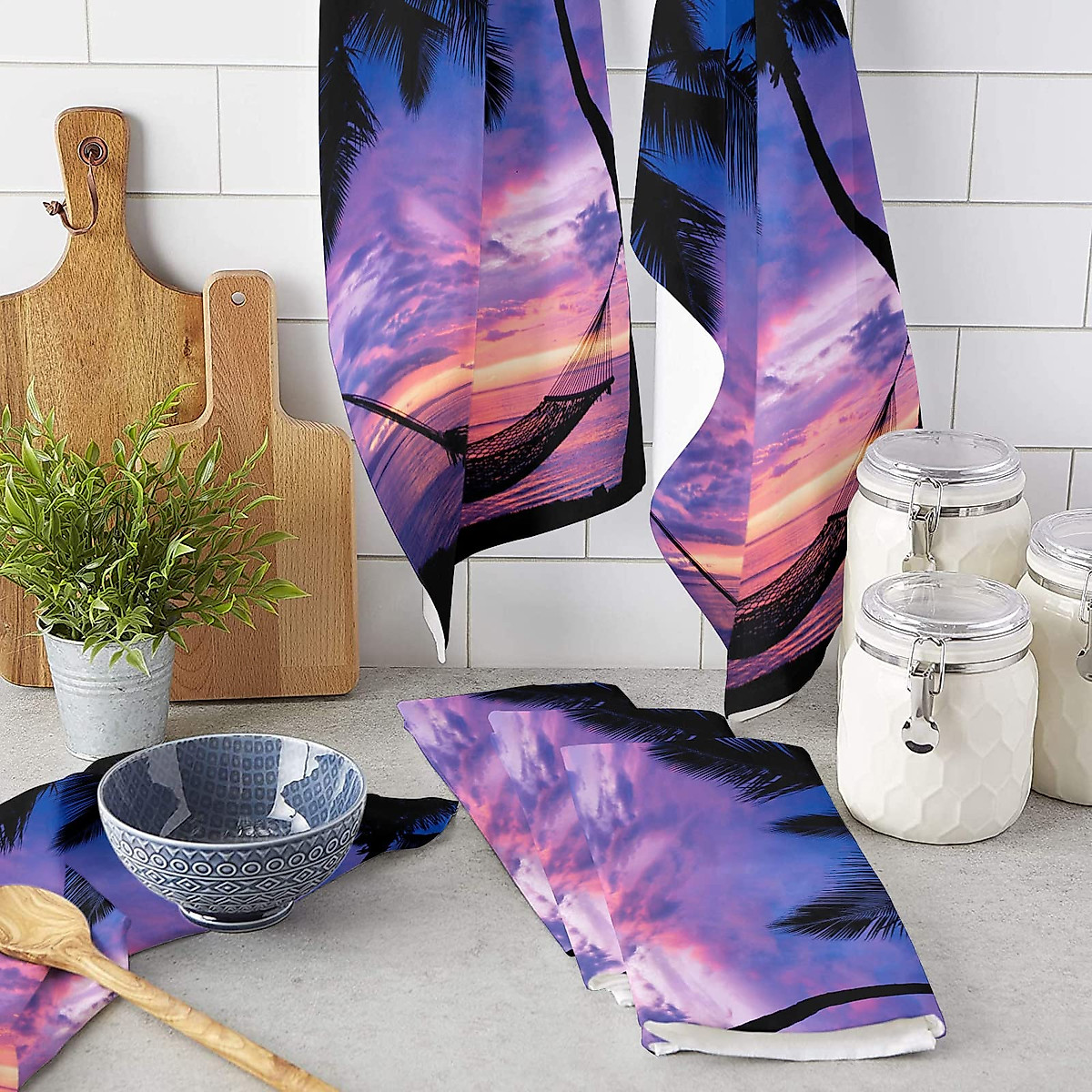 DuoPhi Kitchen Towels Set Beach Scene Sunset Dish Towel Tropical Palm Tree Hand Towel 2 Pack Absorbent Soft Cotton Dishcloths Bar Towels & Tea Towels