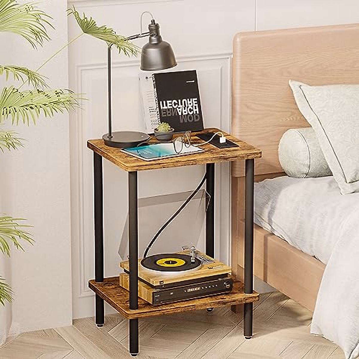 Fixwal 2-Tier Nightstand with Charging Station, End Table Set of 2, Side Table with USB Ports and Power Outlets, Side Table for Living Room, Bedroom, Rustic Brown and Black