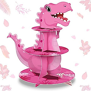 3 Tier Dinosaur Cupcake Stand Party Decorations Dinosaur Theme Cupcake Holder Decorations Dinosaur Dessert Tower for Kids Boys Jungle Dinosaur Theme Party Birthday Supplies (Pink)