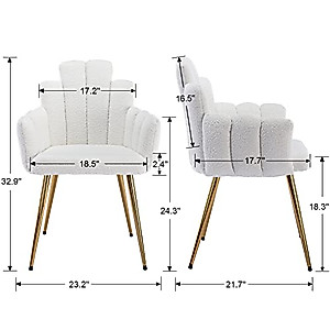 Set of 2 Sherpa Side Chairs, 17'' Wide Mid Century Modern Arm Chair for Living Room/Dining Room, with Gold Finish Legs, White