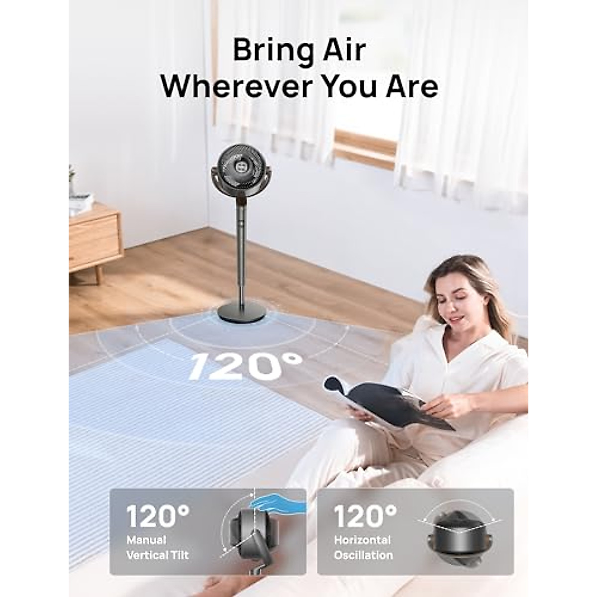 Dreo Fan for Bedroom, 120° Oscillating Standing Pedestal Fan, DC Motor, 80ft Air Circulator for Whole Room, 8 Speeds, 3 modes, 120° Manual Vertical Tilt, Quiet, 23dB, 35-40" Adjustable Height, Timer