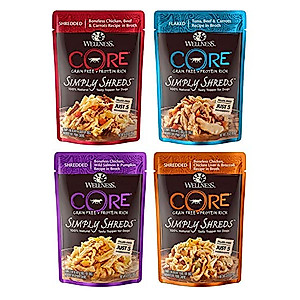 Wellness CORE Simply Shreds Natural Grain Free Wet Dog Food Toppers Variety Pack, 4 Flavors, 2.8 ounce Each (12 Total Pouches)