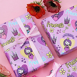 Princess Birthday Wrapping Paper for Girls Kids Baby Child, Lovely Pink Princess Castle Theme Gift Wrapping Paper for Birthday Baby Shower with Pink Ribbon 4 Sheets Folded Flat