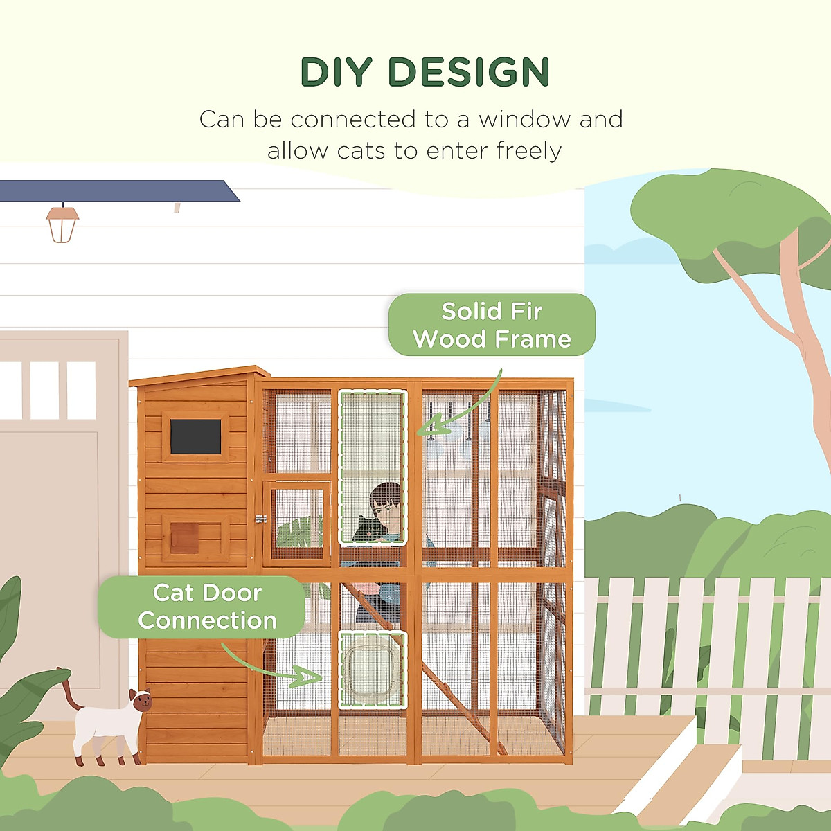 PawHut Outdoor Catio, Cat House Wooden Feral Cat Shelter, Cat Cage with Platforms, Waterproof Asphalt Roof, Ramps, 77" L, Natural