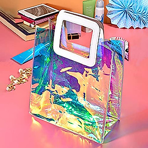 R-LOMU 5pcs Clear Iridescent Reusable Gift Bag 11 x 9.8 x 5.1 Inches Holographic Large Handbag Gift Wrap Bags Pvc with Handle for Party,Birthday,Christmas,Travel, Festival,Wedding, Shopping