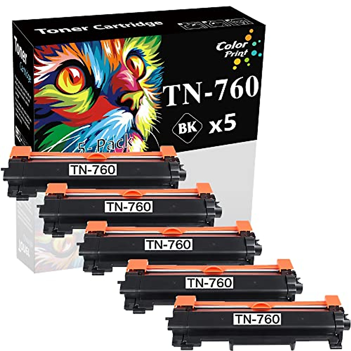 (5-Pack, Black) ColorPrint Compatible Toner Cartridge Replacement for Brother TN-760 TN760 TN730 Used for HL-L2350DW HL-L2395DW HL-L2390DW HL-L2370DW L2750DW MFC-L2750DWXL L2710DW DCP-L2550DW Printer