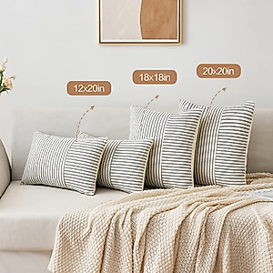 MIULEE Grey and Beige Patchwork Farmhouse Pillow Covers 18x18 Inch, Pack of 2 Striped Linen Decorative Modern Accent Pillow Cases for Sofa Couch Bedroom