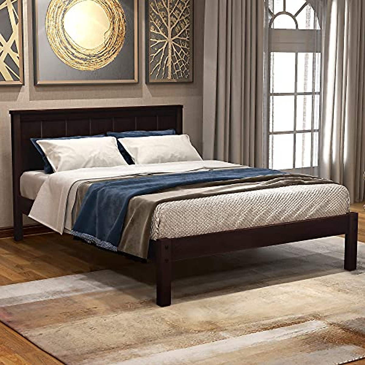 JCSTEU Twin Bed Platform Bed Frame with Headboard, Wood Frame Bed No Box Spring, Wood Slat Support Platform Bed Easy Assembly, Espresso