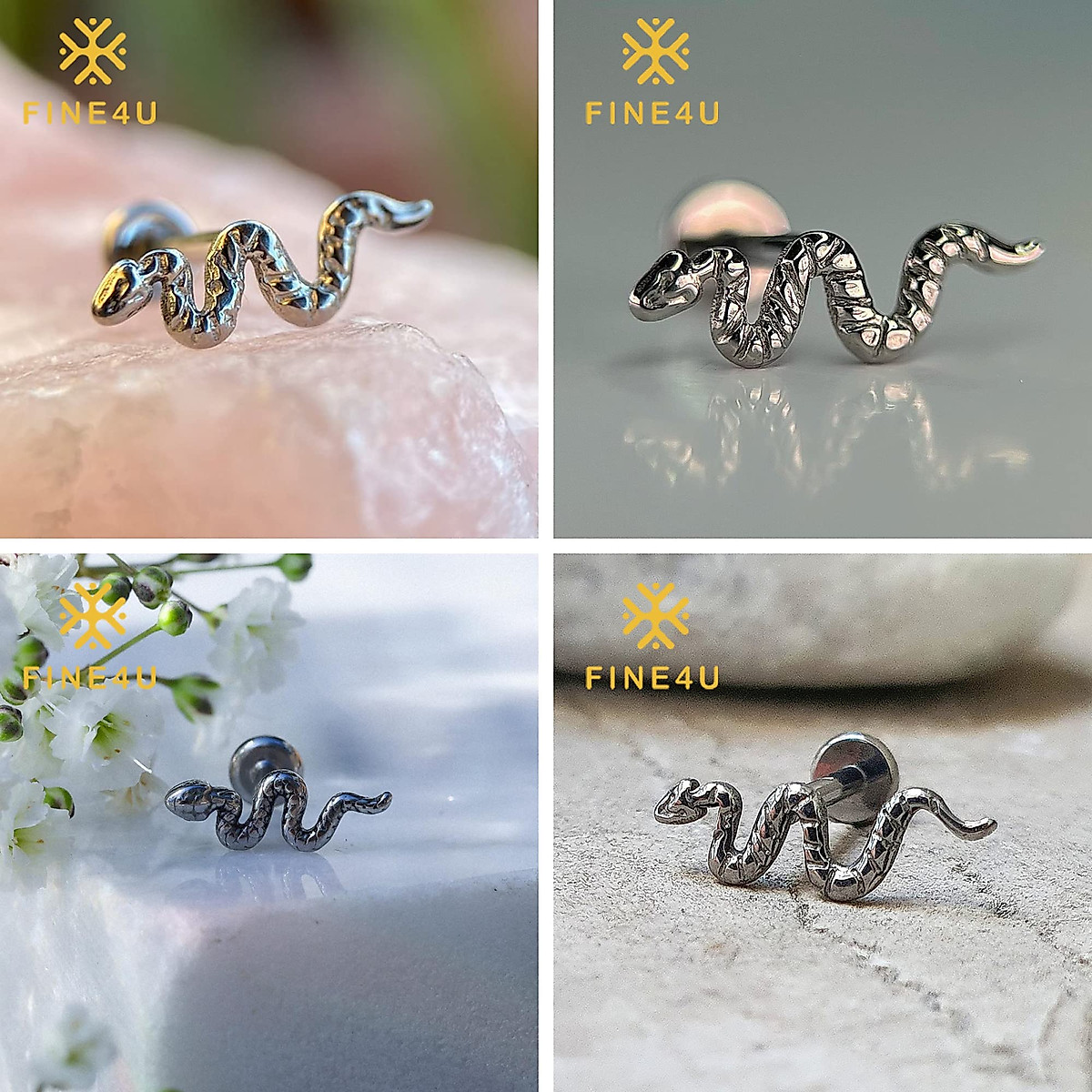 FINE4U 16G Gold Snake Piercing Jewelry for Conch, Tragus, Helix - ASTM F136 Titanium Hypoallergenic Cartilage Earring, Internally Threaded Nickel Free Flat Back Stud