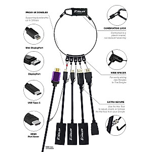 The Dongler Loaded - ProAV 4K HDMI Dongle Adapter Ring - Supports up to 32Gbps Input, 4K with HDR - Includes Combination Lock with (4) Pigtail Dongle Adapters