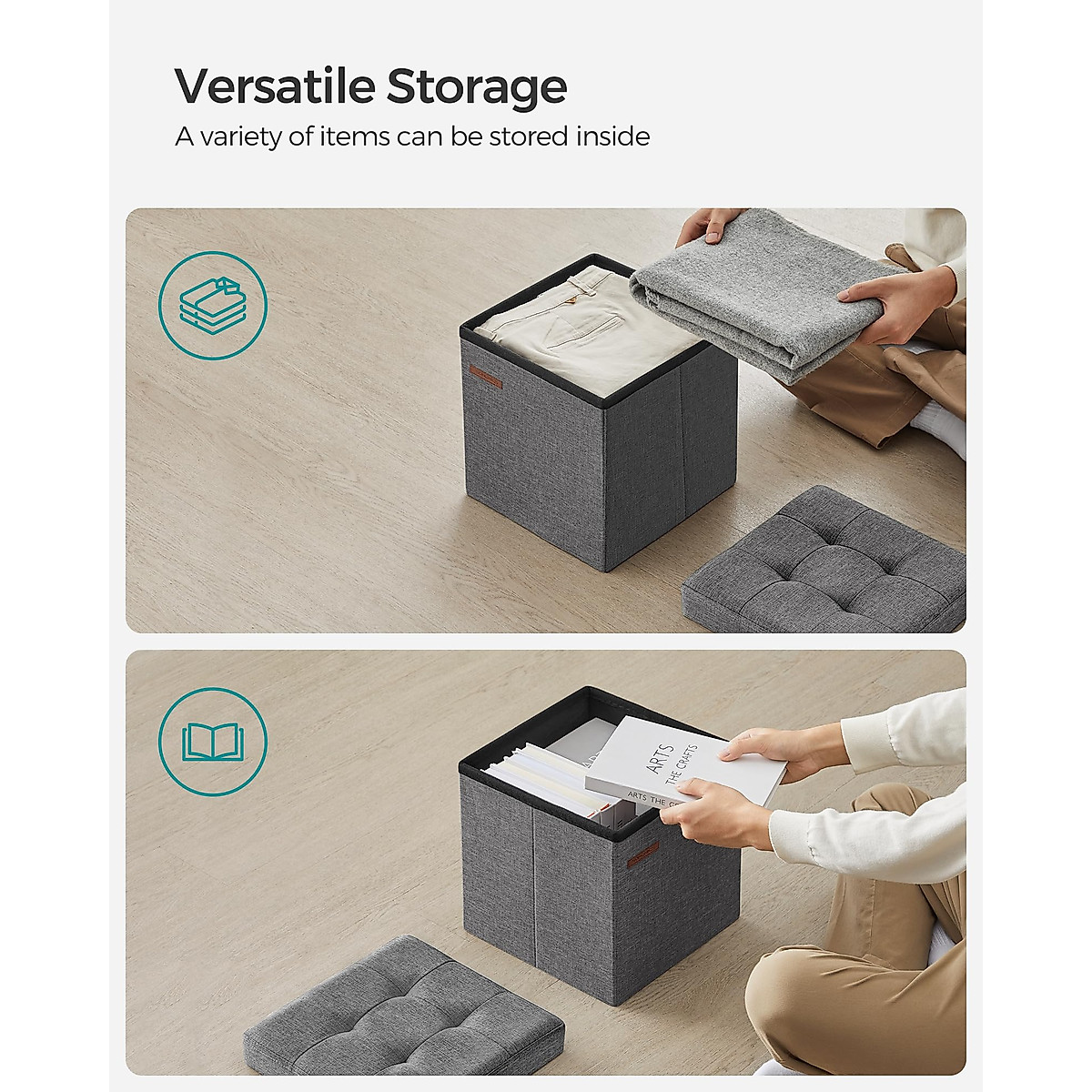 SONGMICS 11.8 Inches Small Folding Storage Ottoman Cube, Storage Footrest, Foot Rest Stool, for Living Room, Bedroom, Dorm, Dark Gray ULSF028G01