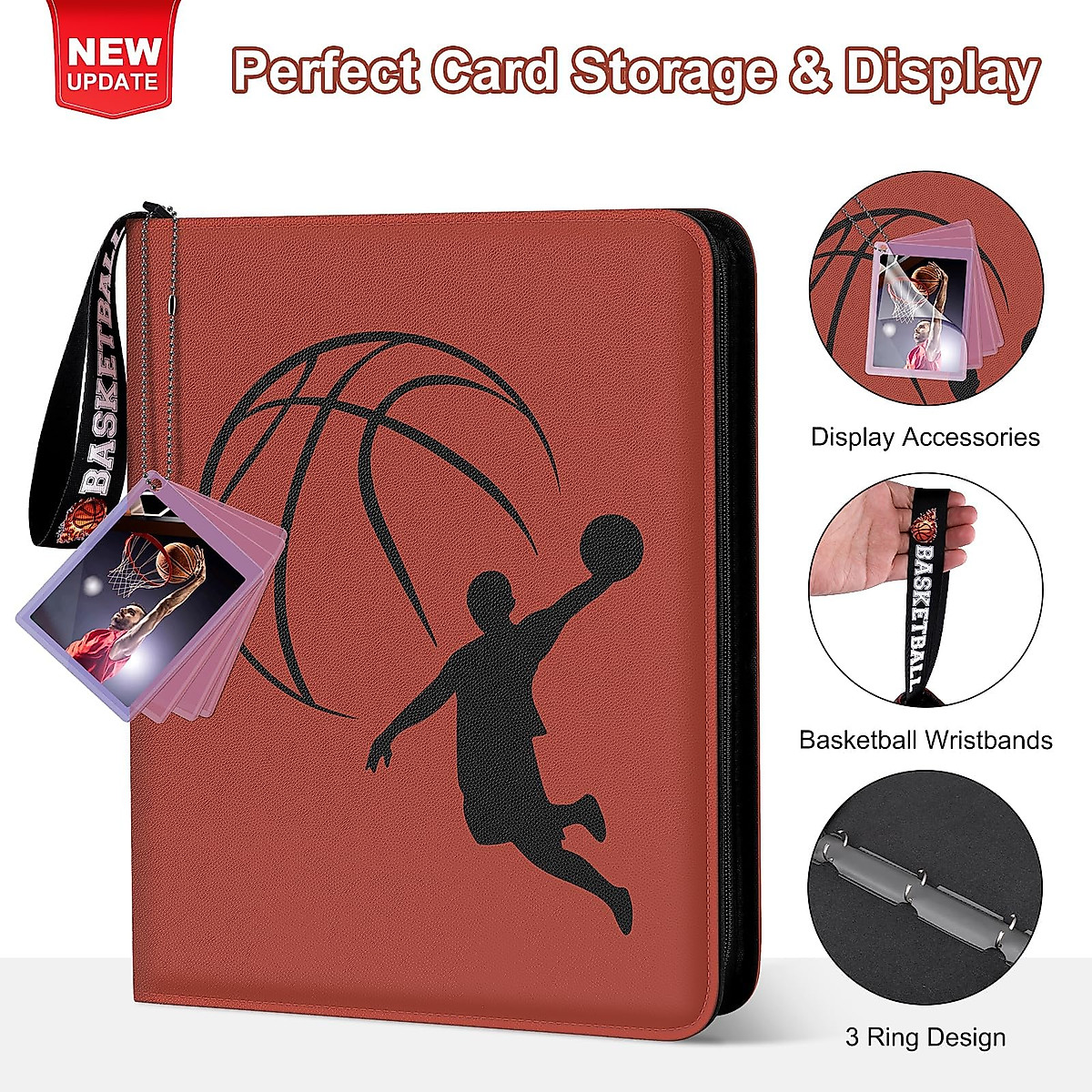 Basketball Card Binder 440 Pocket, Sports Card Binder with Toploaders Card Display, Premium Basketball Card Holder with Basketball Pattern Wristband Fit for Basketball Cards 2024-2025, Sports Cards
