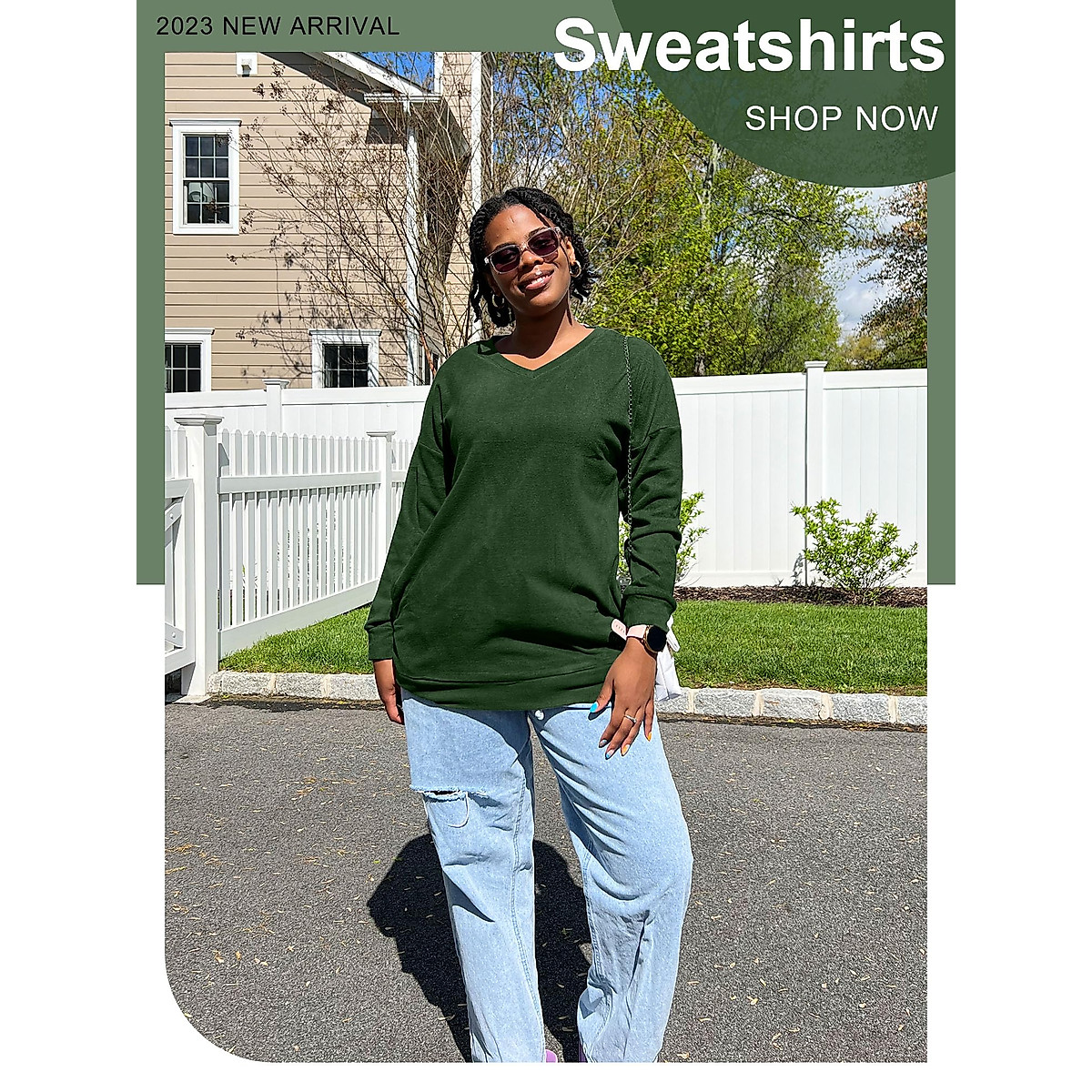OFEEFAN Sweatshirts for Women Plus Size Long Sleeve Thermal Green Tunic Tops 3XL