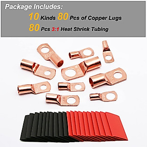 TKDMR 160Pcs Copper Wire Lugs AWG2 4 6 8 10 12 with Heat Shrink Set, 80Pcs Battery Cable Ends Ring Terminals Connectors Tubing Assortment Kit