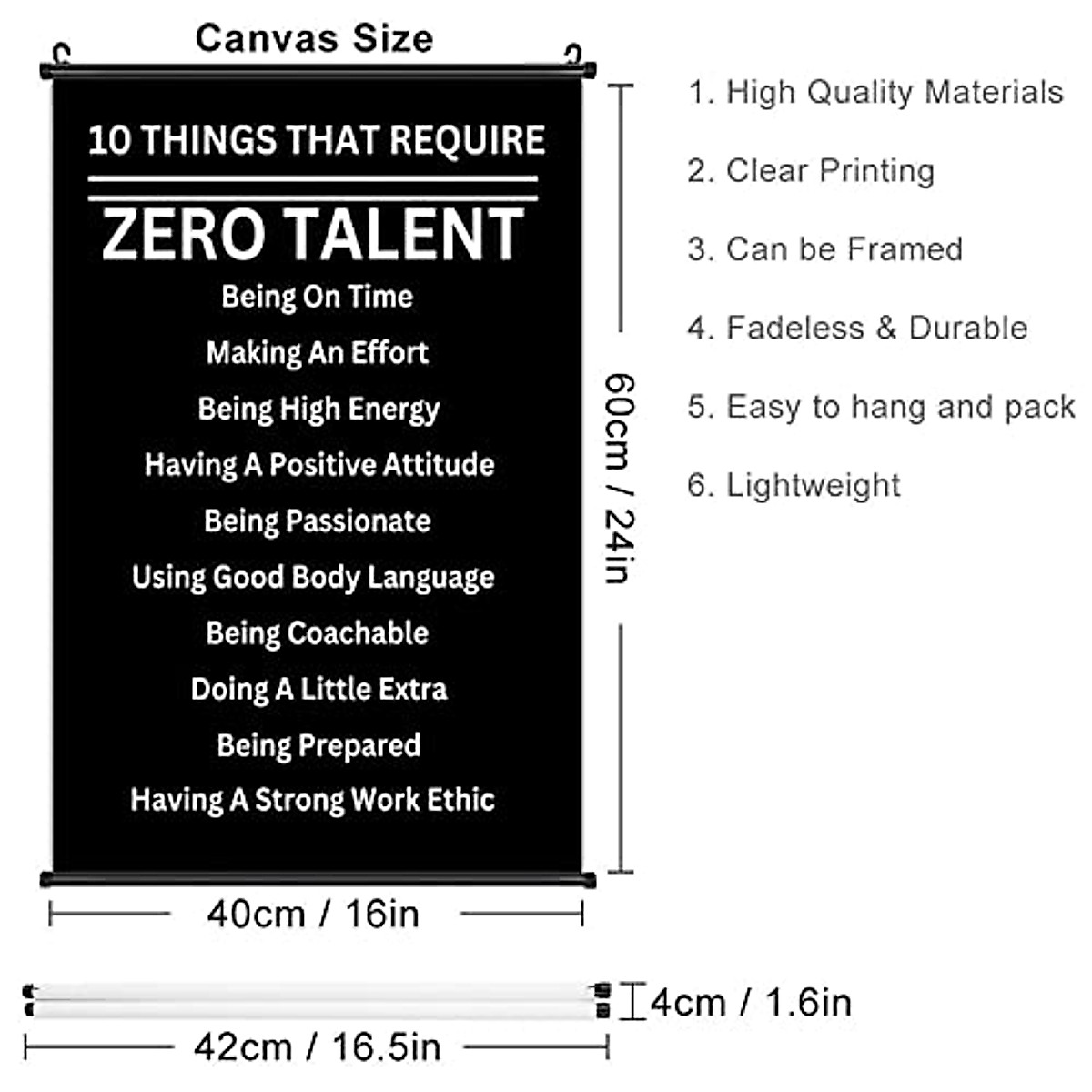 Motivational Poster Wall Scroll 10 Things That Require Zero Talent Quotes Hanging Artwork Painting Inspirational Art Canvas Print for Home Living Room Bedroom Office Classroom Decor 16" X 24"
