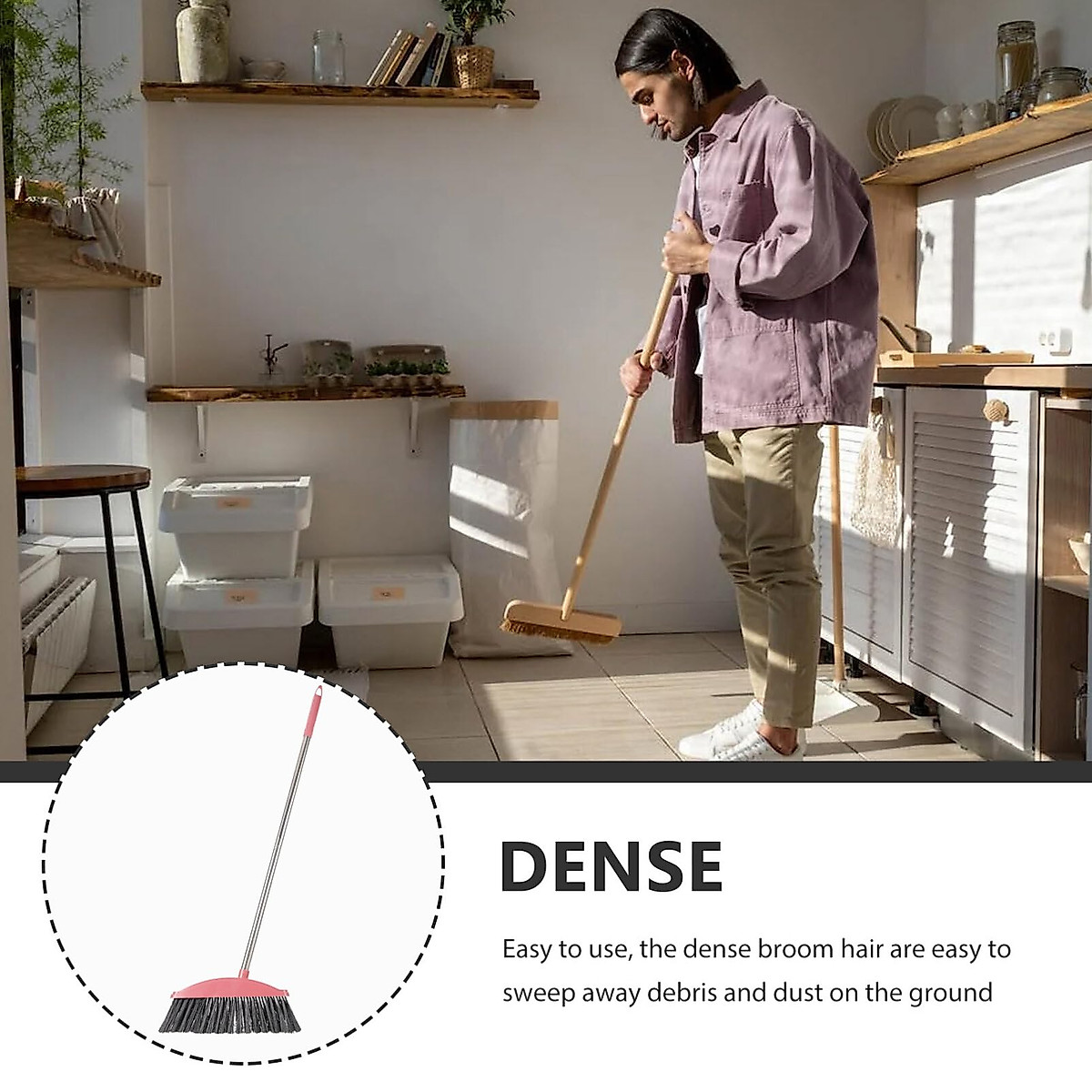 Ciieeo Heavy-Duty Broom, Stainless Steel Broom with Long Handle Floor Sweeping Brooms Wide Angle Outdoor Brooms for Shower Cleaning Patio Kitchen Grout Pink