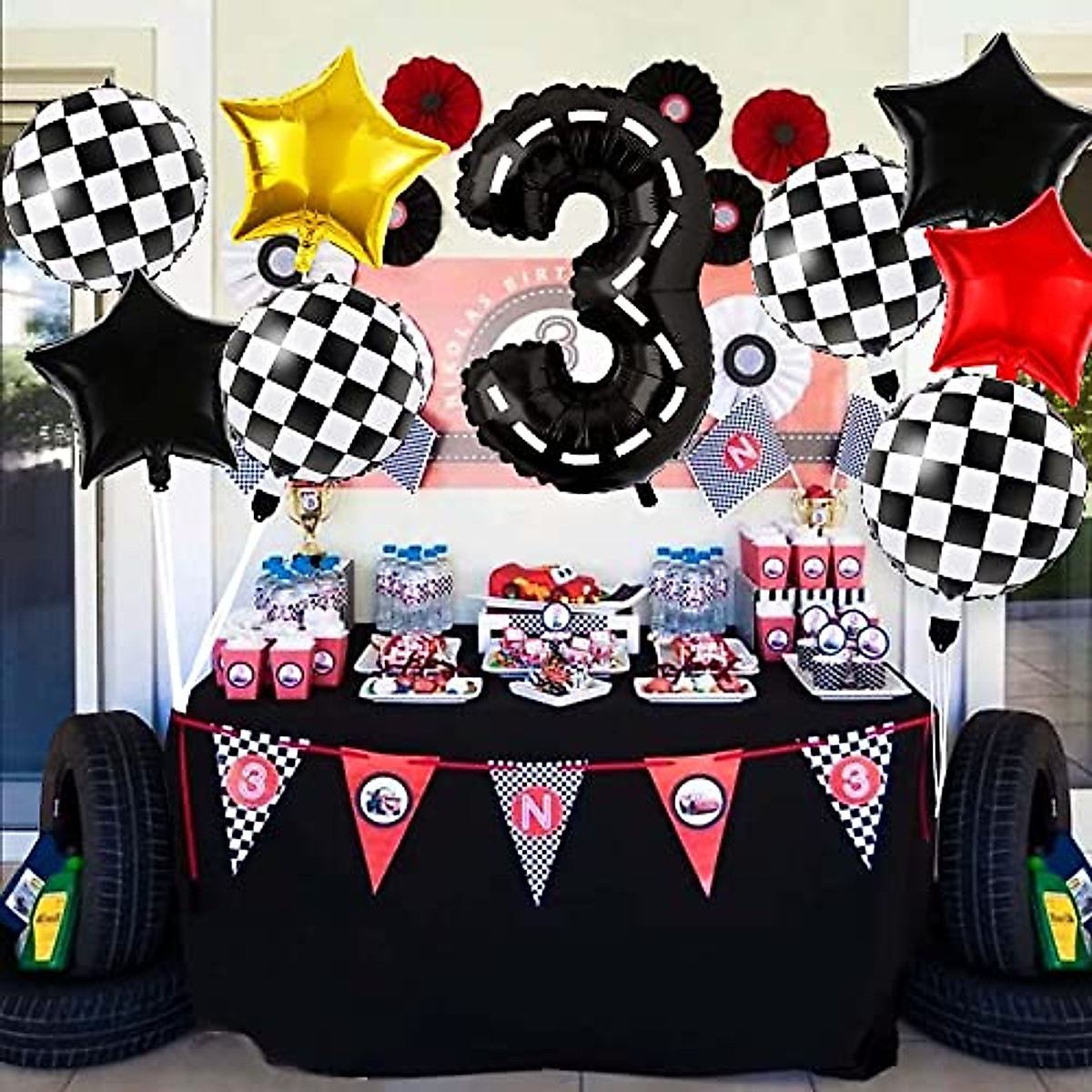 40Inch Race Car Balloons Race Car Theme Birthday Party Supplies Racing Number 3 Balloon Checkered Star Balloons 3rd Car Party Decorations for Boys Racing Truck Wheels Party Supplies Favor