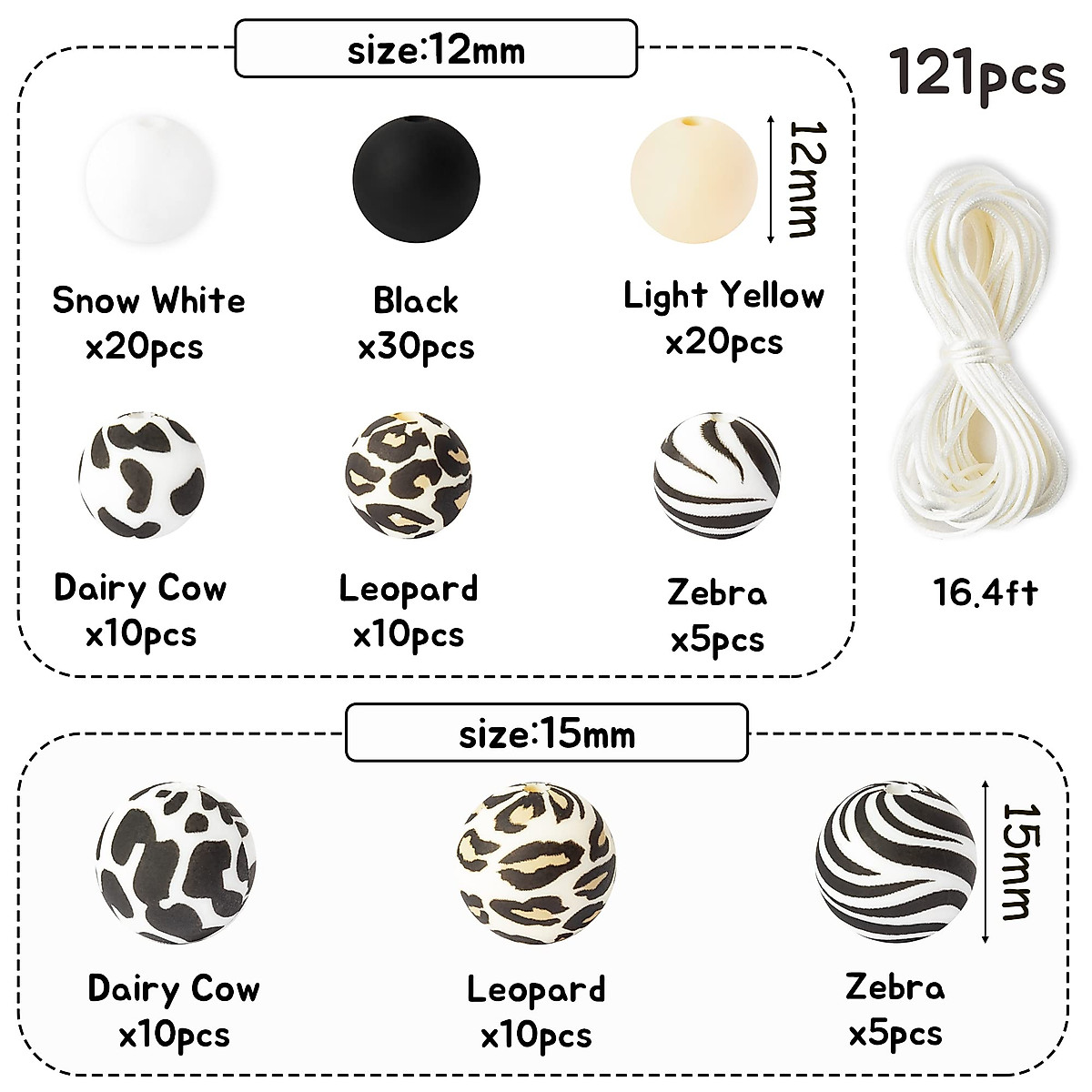 121Pcs Silicone Beads 12mm Necklace Silicone Beads Keychain Earring Making Leopard Cow Print Silicone Round Beads and 15mm Round Shaped Beads for Jewellery Making DIY Crafting