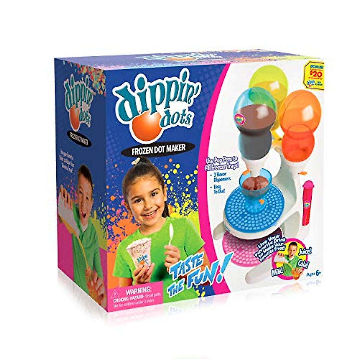 Dippin Dots Frozen Dot Maker, Includes 6 trays, 4 bowls, 4 spoons, 2 pop pens, Instructions, Enjoy Dippin Dots at home, Use any soda, juice or milk, Freezes in 2 hours, Easy to use, Great gift