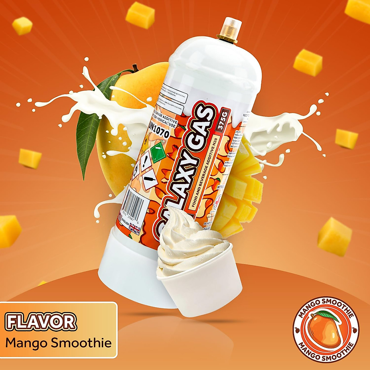 Galaxy Gas Mango Smoothie Flavor Whipped Cream Dispenser Cartridge Tank, Nitrous Oxide 0.6L 375 Gram Whip Cream Charger, Whipped Cream Cartridge, N2O Charger Tank, 1 Cylinder