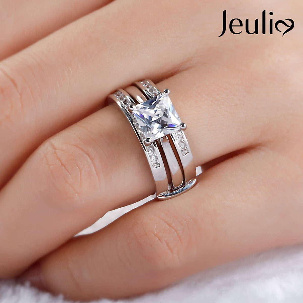 Jeulia 4.37 Carat Engraved Pricess Cut Cubic Zirconia Engagement Ring Diamond Wedding Bands for Women CZ Solitaire Sterling Silver Anniversary Bridal Promise Rings Set (8)