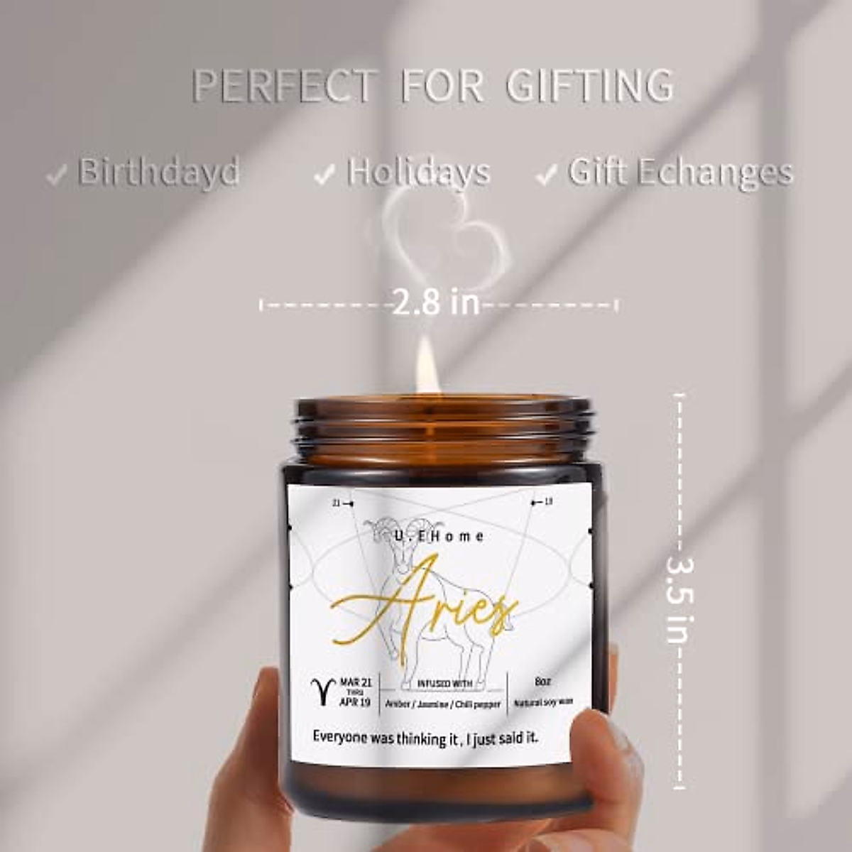 U.EHome Aries Zodiac Gifts，Aries Gifts for Women，March Birthday Gifts for Women, Zodiac Sign Gifts，Astrology Gifts for Women，All-Natural Soy Wax - 8oz,50 Hour Burn