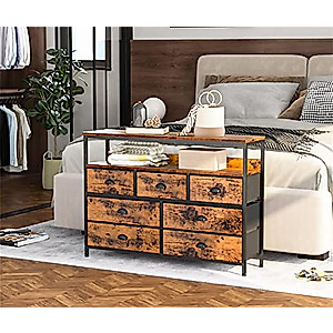Furologee Dresser TV Stand, Console Sofa Table with 7 Drawers and 2-Tier Open Shelves, Entertainment Center for 45" TV, Storage Fabric Drawer Unit for Bedroom, Living Room, Entryway, Rustic Brown