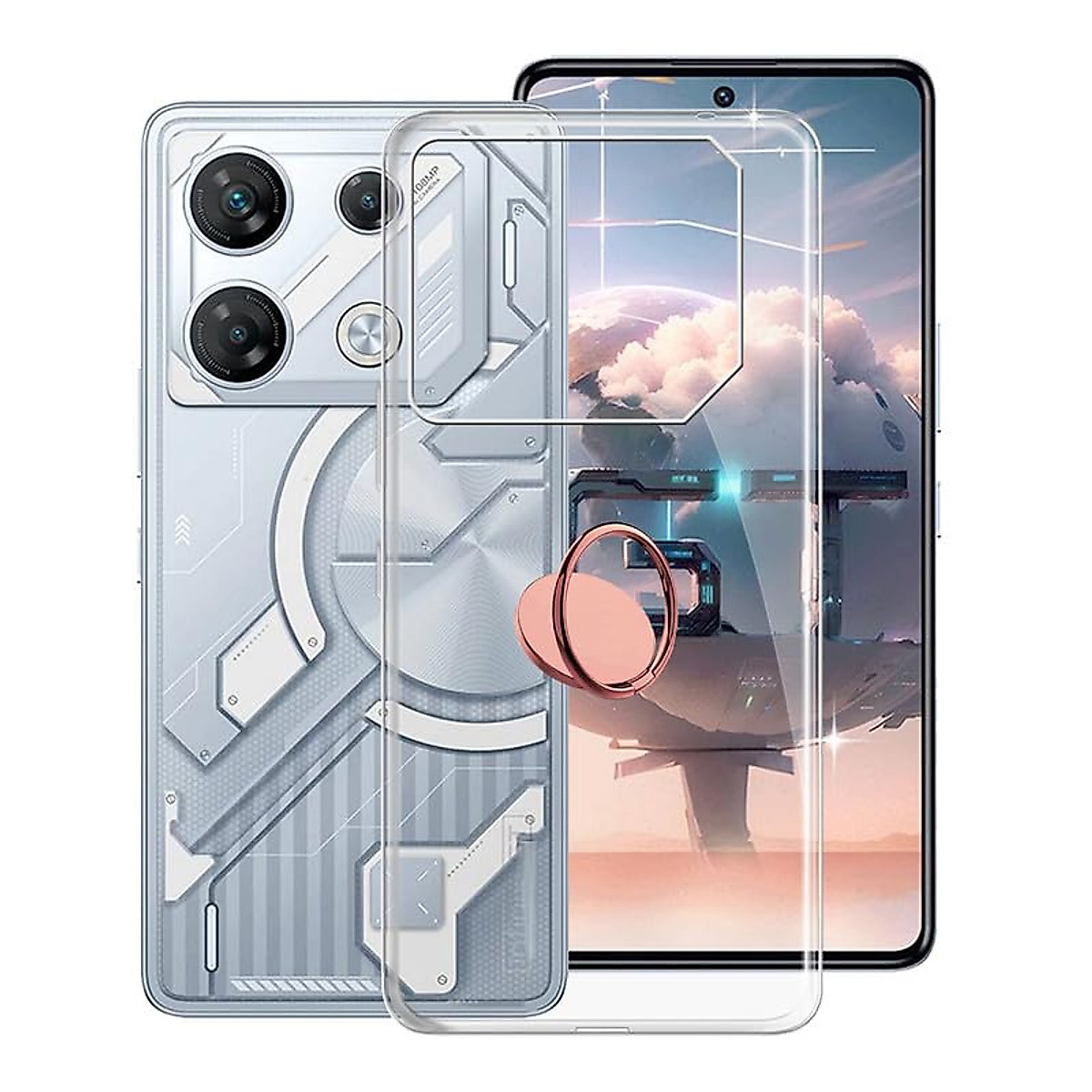 for Infinix GT 10 Pro Case with [360° Rotation Ring Kickstand], KJYFOANI Anti-Scratch Soft Silicone Phone Case for Infinix GT 10 Pro, Shockproof Cover for Women/Girl, Transparent (6.67") - Transparent