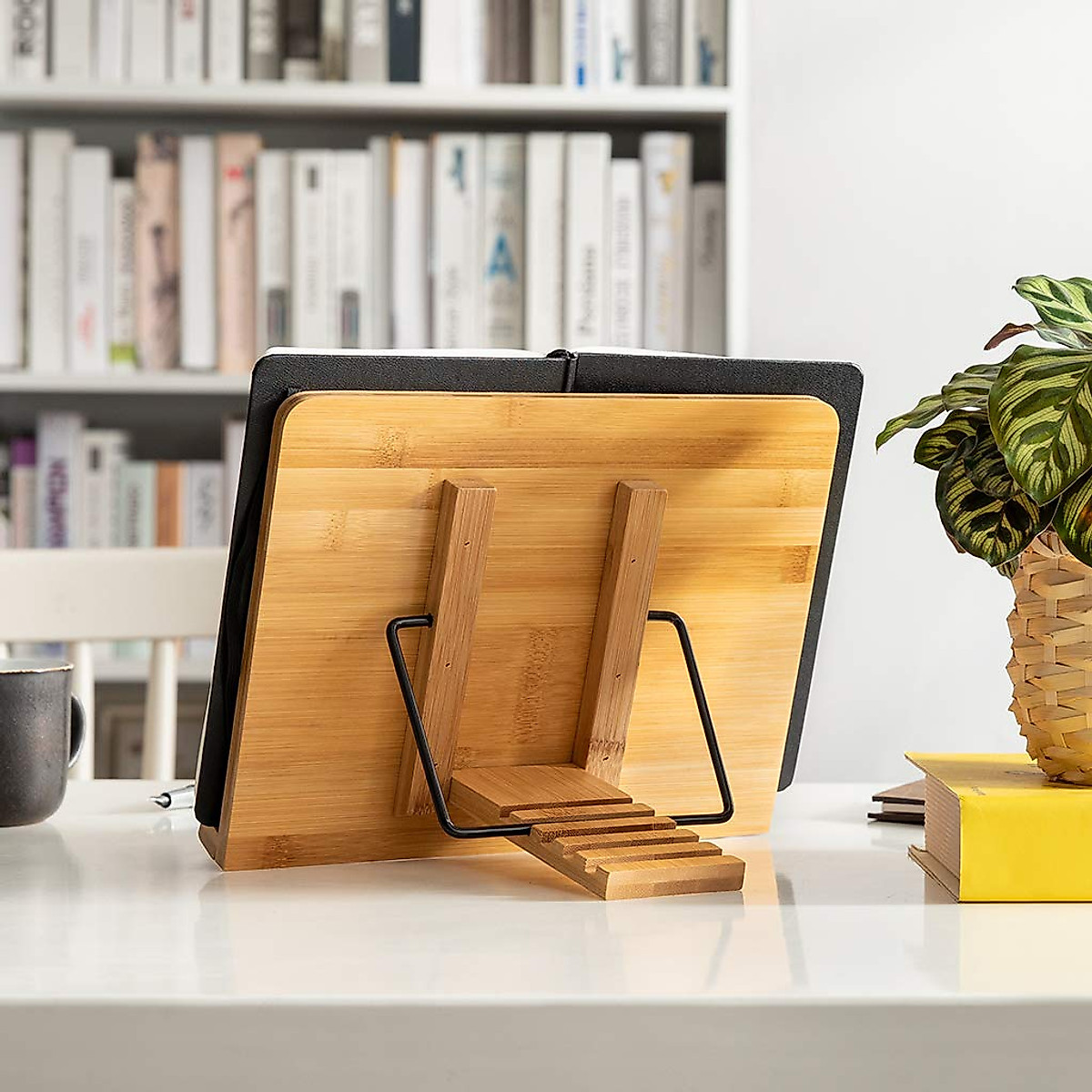 wishacc Bamboo Book Stand Cookbook Holder with 5 Adjustable Height 13.2 x 9.2"