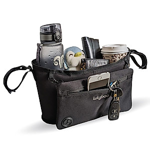 Lulyboo Universal Baby Stroller Organizer with Clip On Removable Wallet, Pockets for Drinks, Toys, Keys Gray/Black
