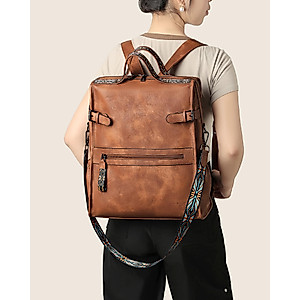 FADEON Leather Laptop Backpack for Women, Designer Ladies Work Travel Computer Backpack with Laptop Compartment Purse Brown