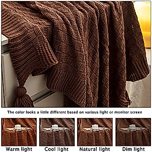 HT&PJ Knit Throw Blanket Cotton Throw Blanket with Tassels Super Soft Warm Cozy Solid Decorative Blanket for Bed, Sofa, Couch, Living Room All Seasons-Caramel, 50"×70"
